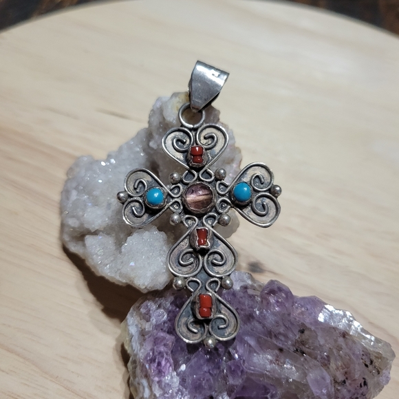 Taxco | Jewelry | Vintage Mexico Sterling Turquoise Coral Cross | Poshmark